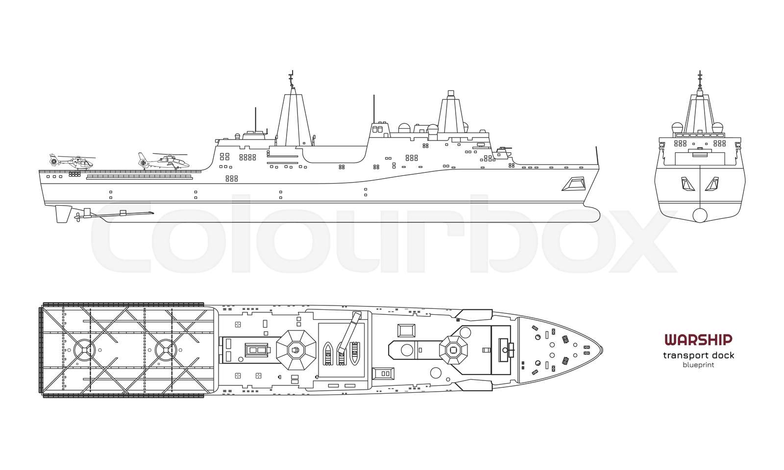 Outline image of military ship. Top, front and side view. Battleship 3d ...