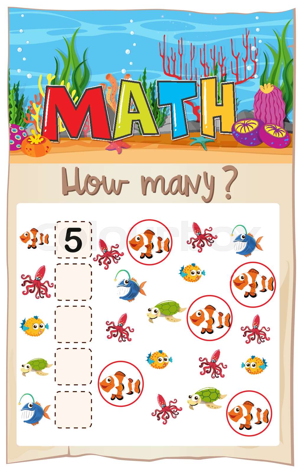 Math counting fish worksheet | Stock vector | Colourbox
