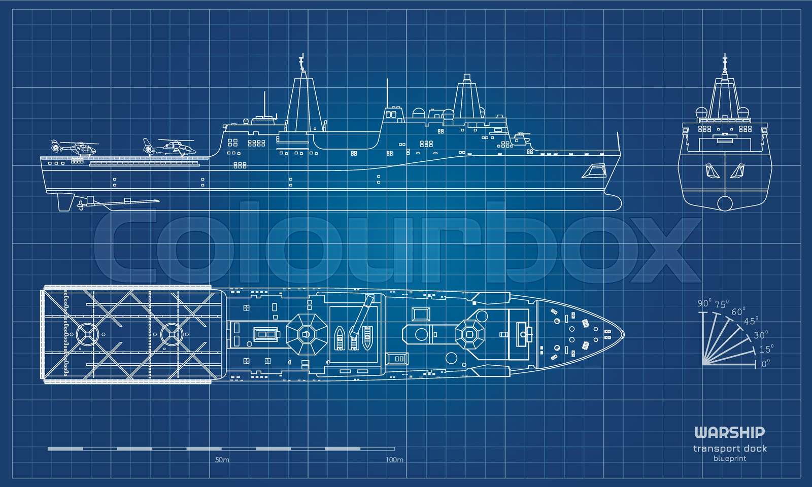 Outline blueprint of military ship. Top, front and side view ...