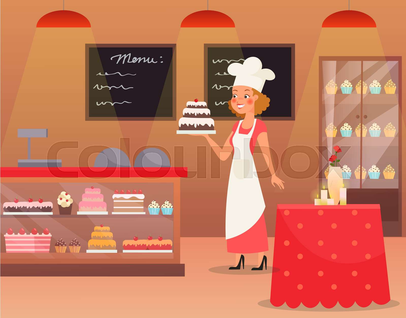 Vector illustration of young and pretty woman baker character holds ...