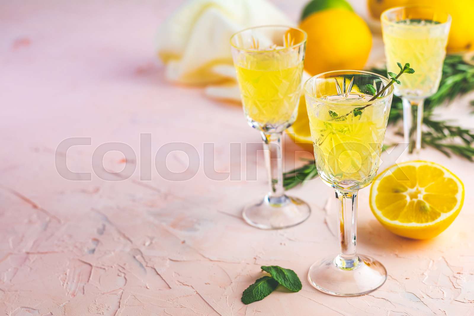 Traditional italian homemade lemon alcohol drink liqueur limoncello ...