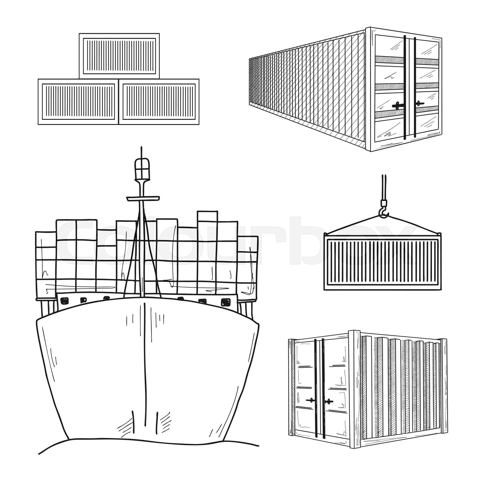 Sketch various containers and cargo ships. Hand drawn. Vector | Stock ...