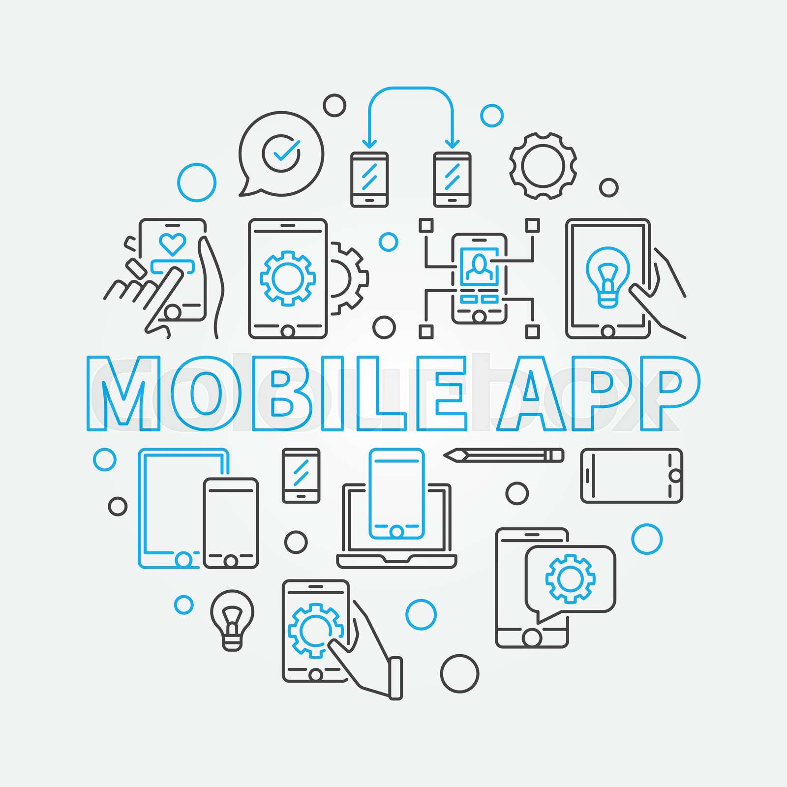 Mobile App vector circular illustration with phone outline icons ...