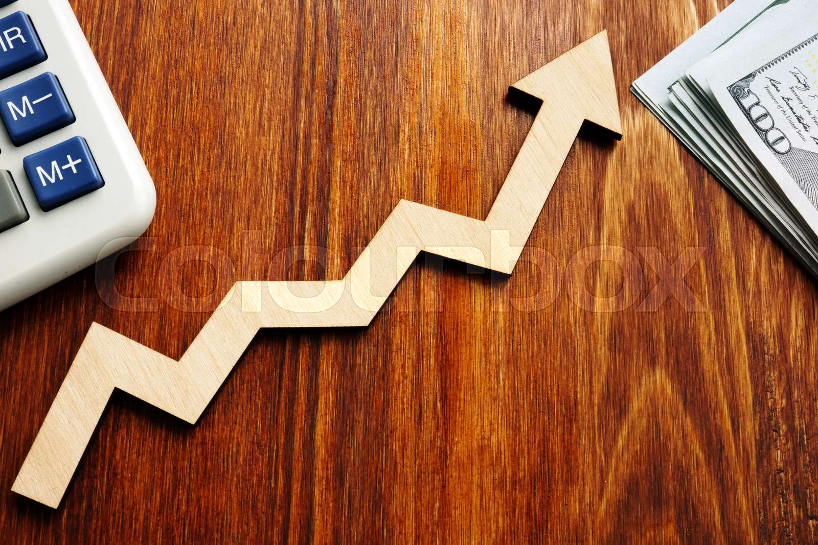 Profitability and profit. Arrow rising, calculator and money. | Stock ...