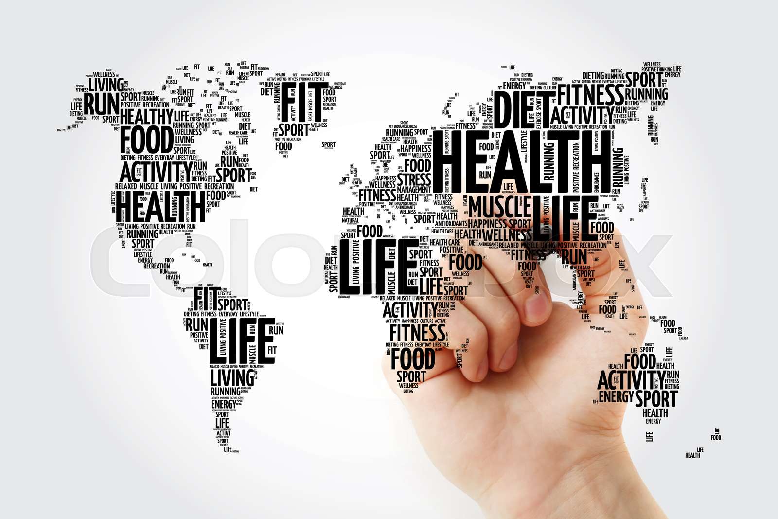Health and Life World Map in Typography, sport, health, fitness, word ...