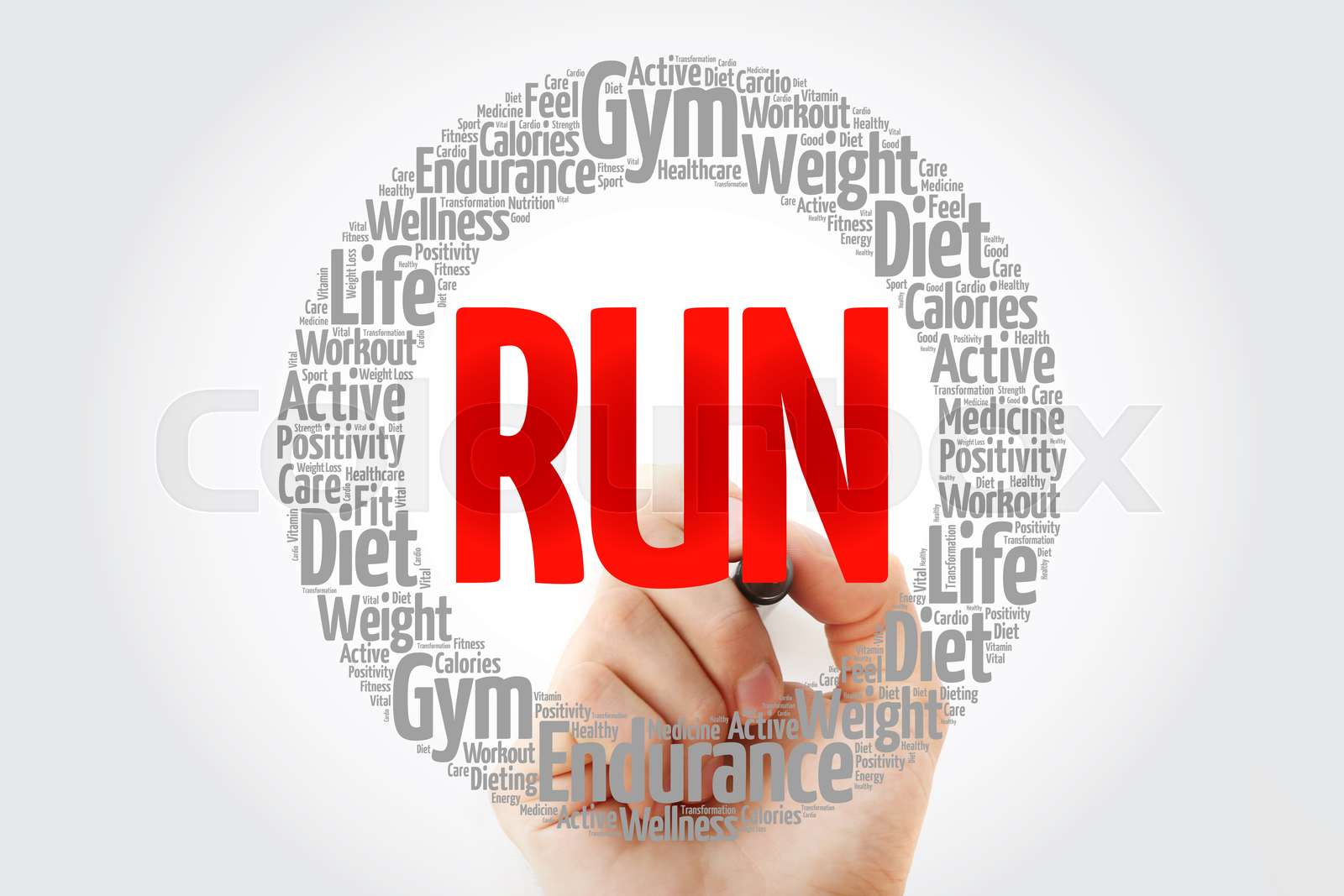 RUN circle stamp word cloud with marker, fitness, sport, health concept ...