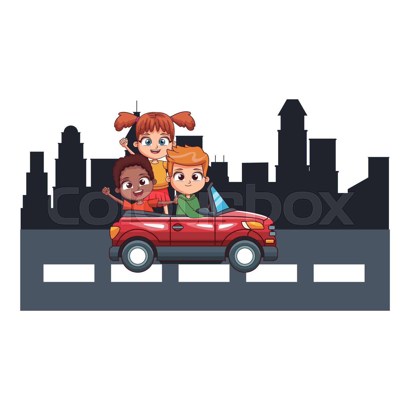 three smiling kids driving car | Stock vector | Colourbox