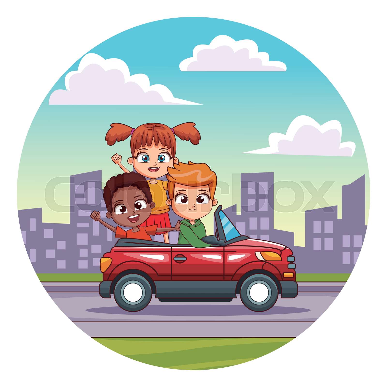 three smiling kids driving car | Stock vector | Colourbox