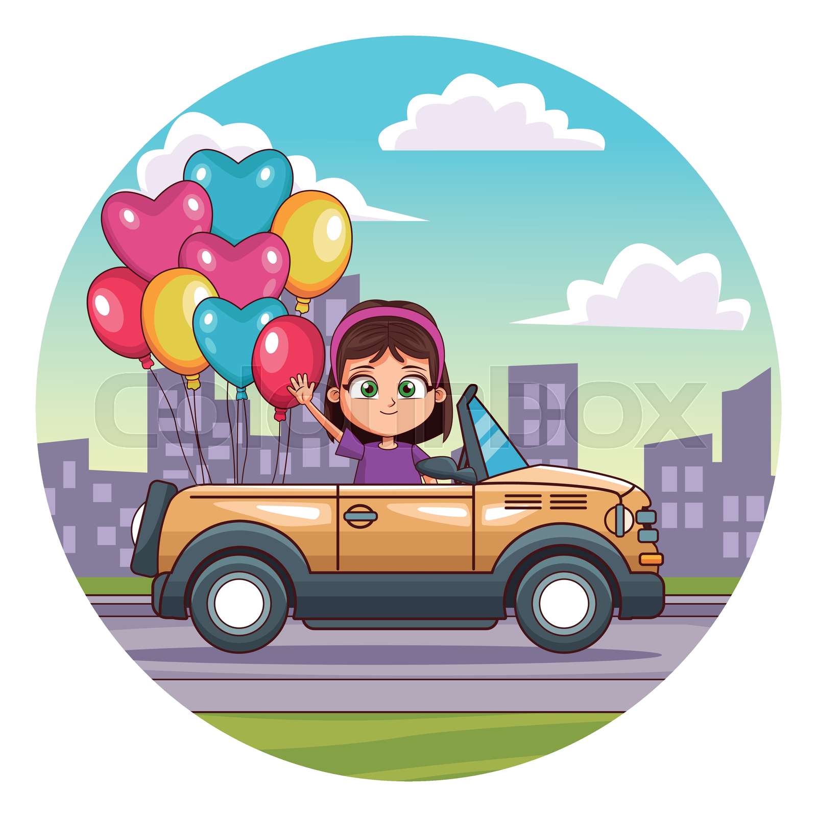 happy girl driving car | Stock vector | Colourbox