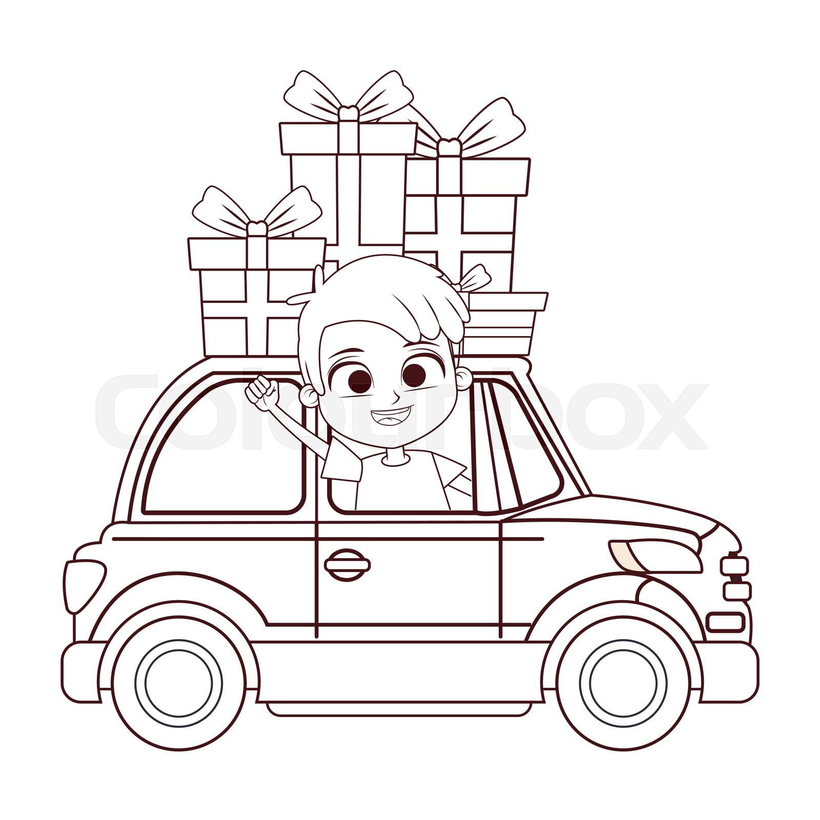 smiling boy driving car black and white | Stock vector | Colourbox
