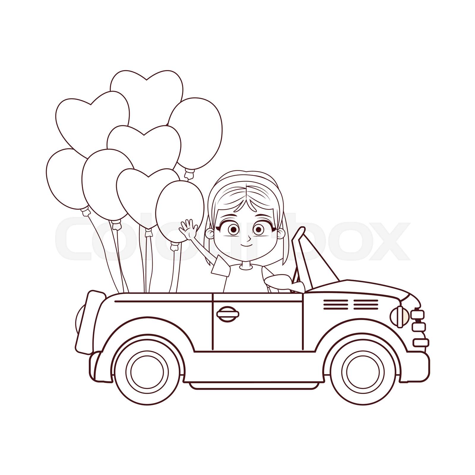 happy girl driving car black and white | Stock vector | Colourbox