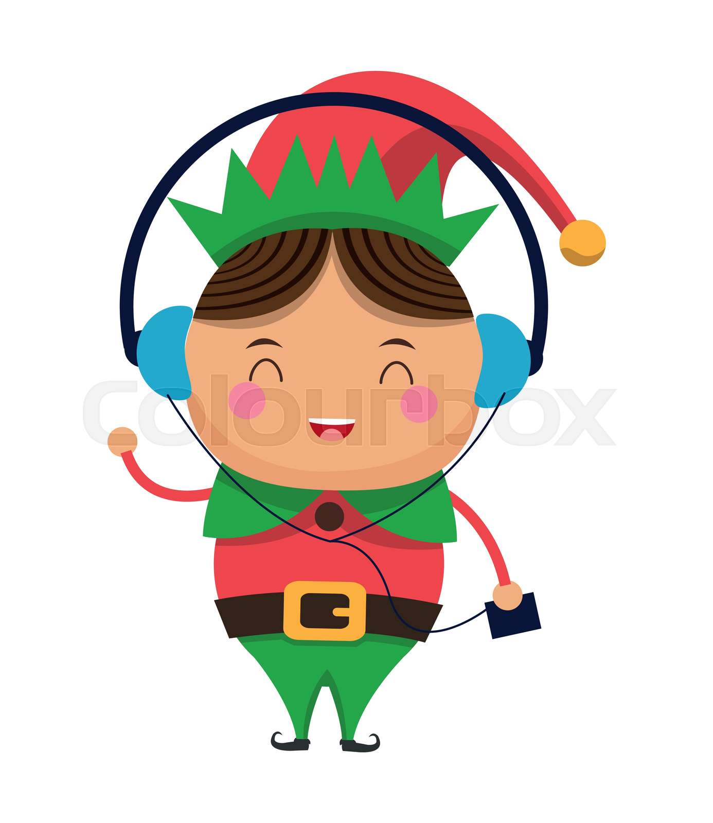 happy cute christmas elf listening to music icon | Stock vector | Colourbox