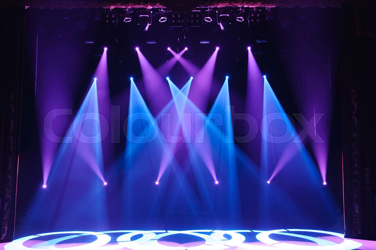 Free stage with lights, lighting devices. Night show. | Stock image ...
