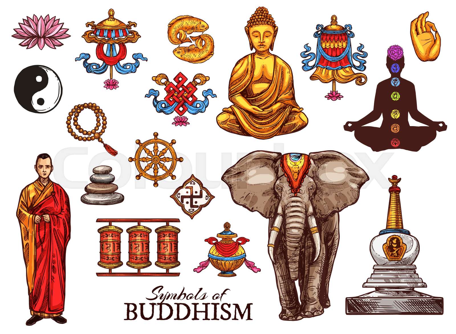 Buddhism religion, meditation sketch symbols | Stock vector | Colourbox