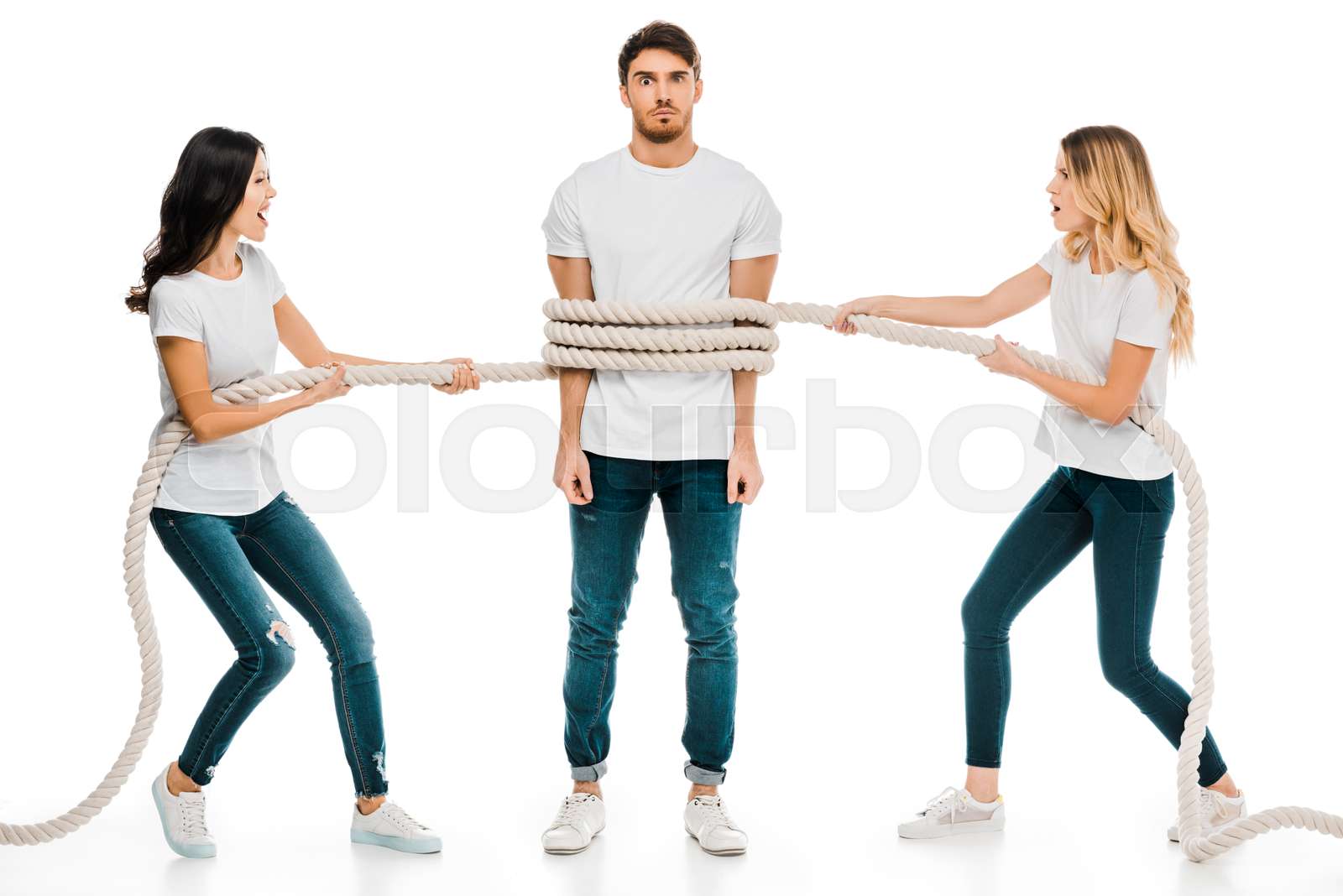 emotional young women holding rope around young man isolated on white ...