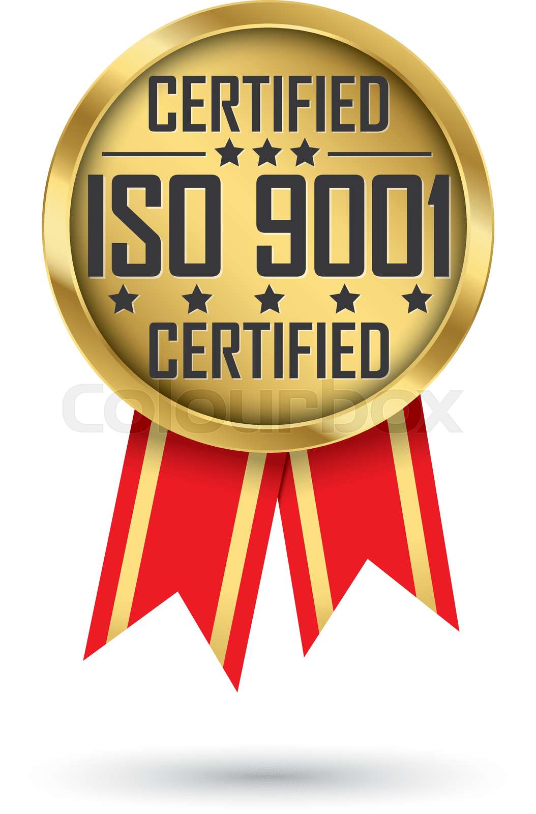 ISO 9001 certified gold label with red ribbon, vector illustration ...