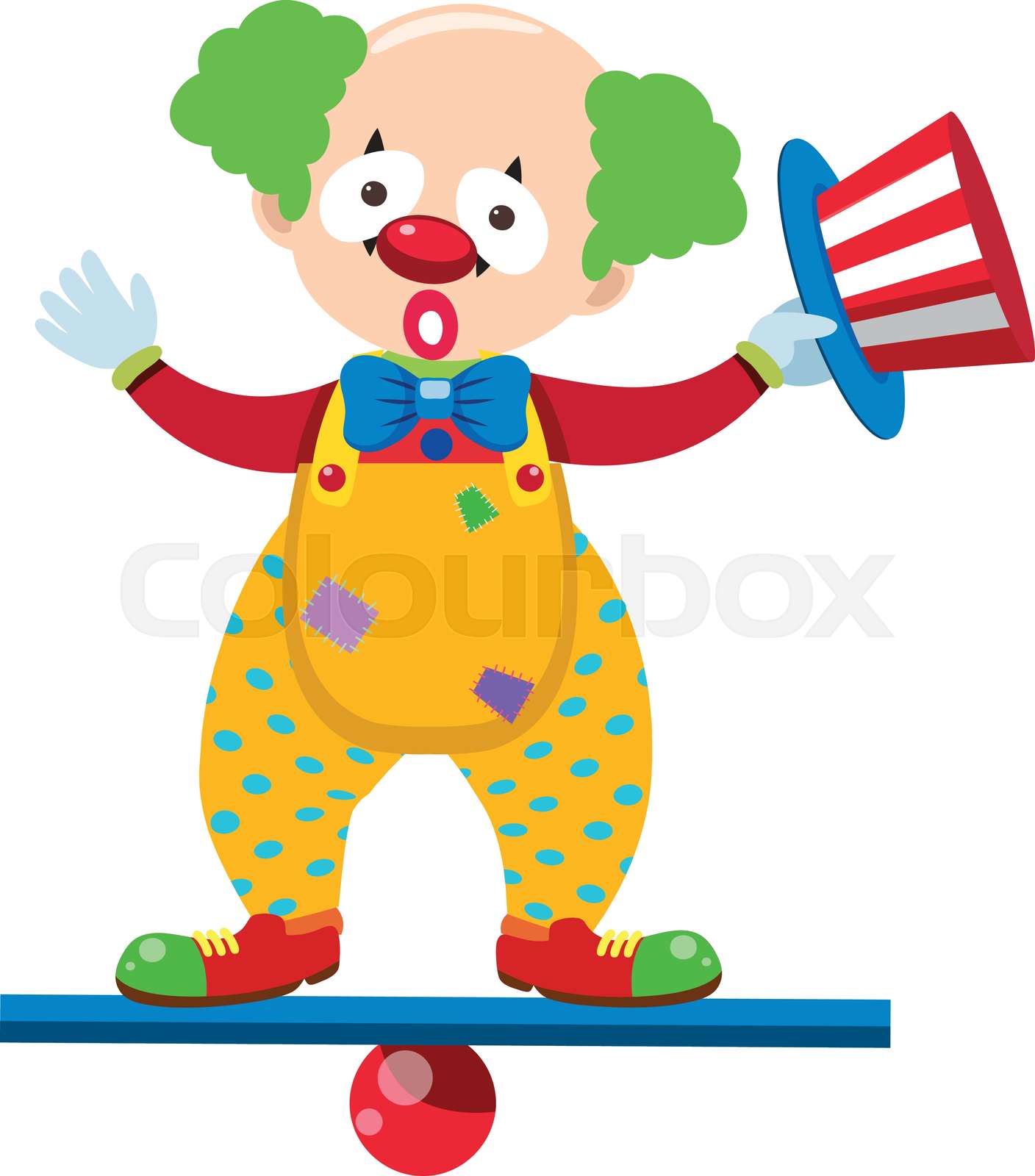Clown balancing on blue beam | Stock vector | Colourbox