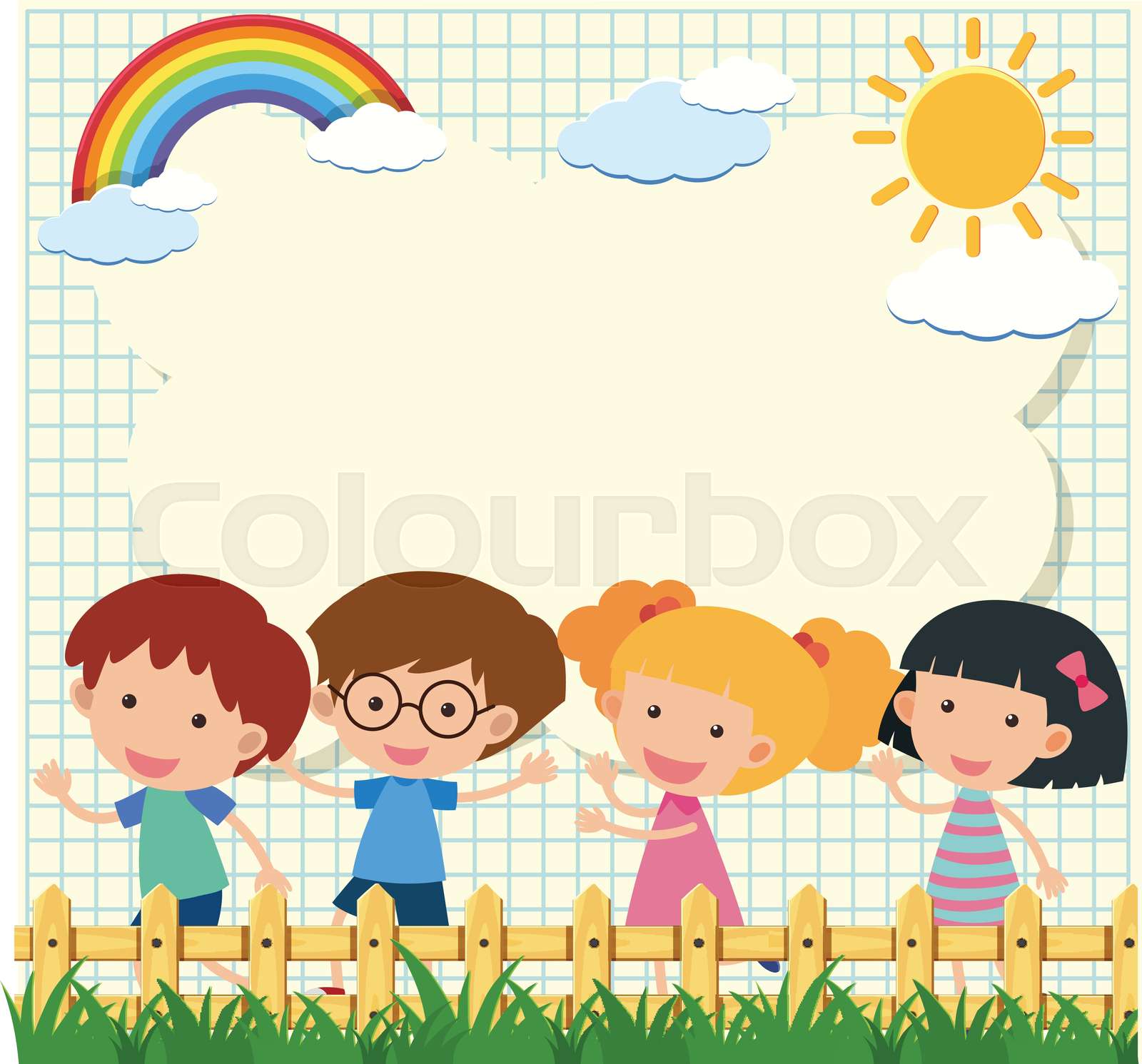 Border template with four kids in garden | Stock vector | Colourbox