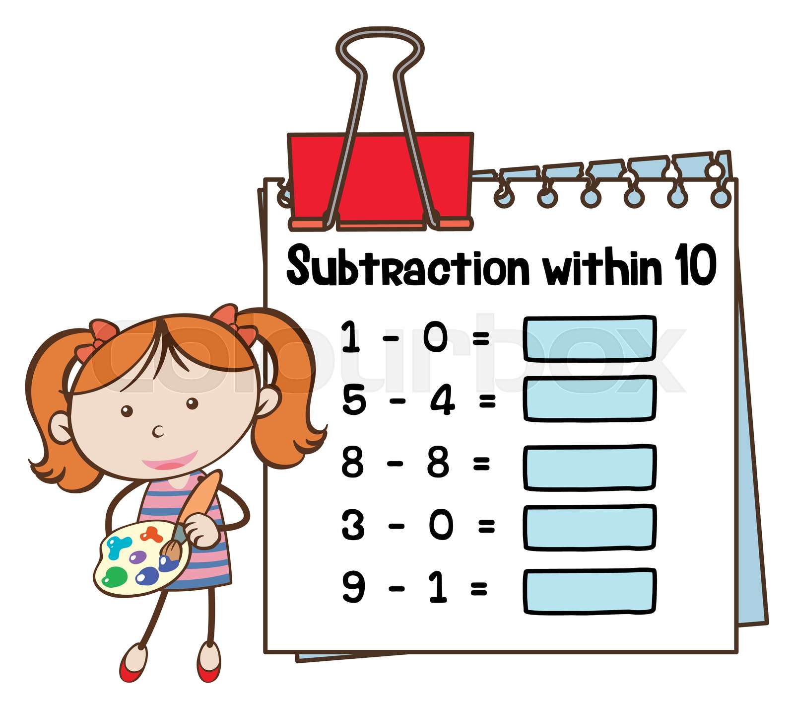 Subtraction within ten worksheet with girl | Stock vector | Colourbox