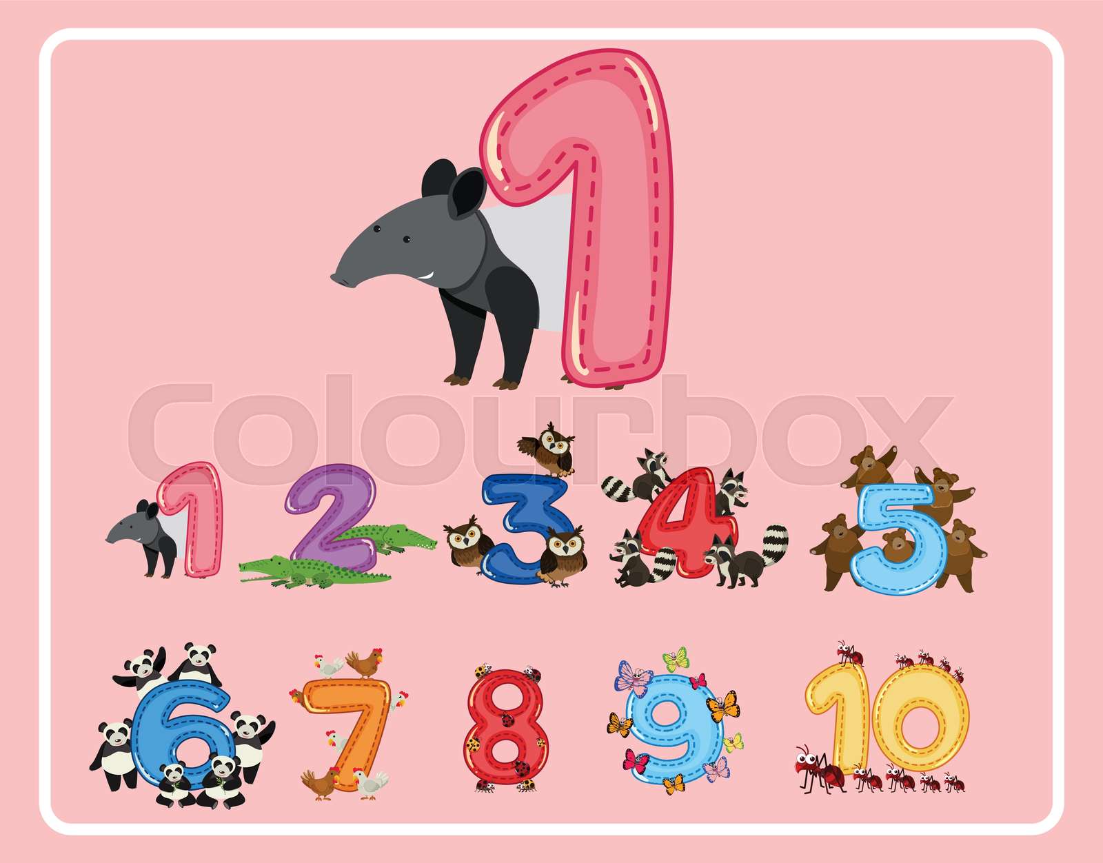 Number one and other numbers with animals | Stock vector | Colourbox