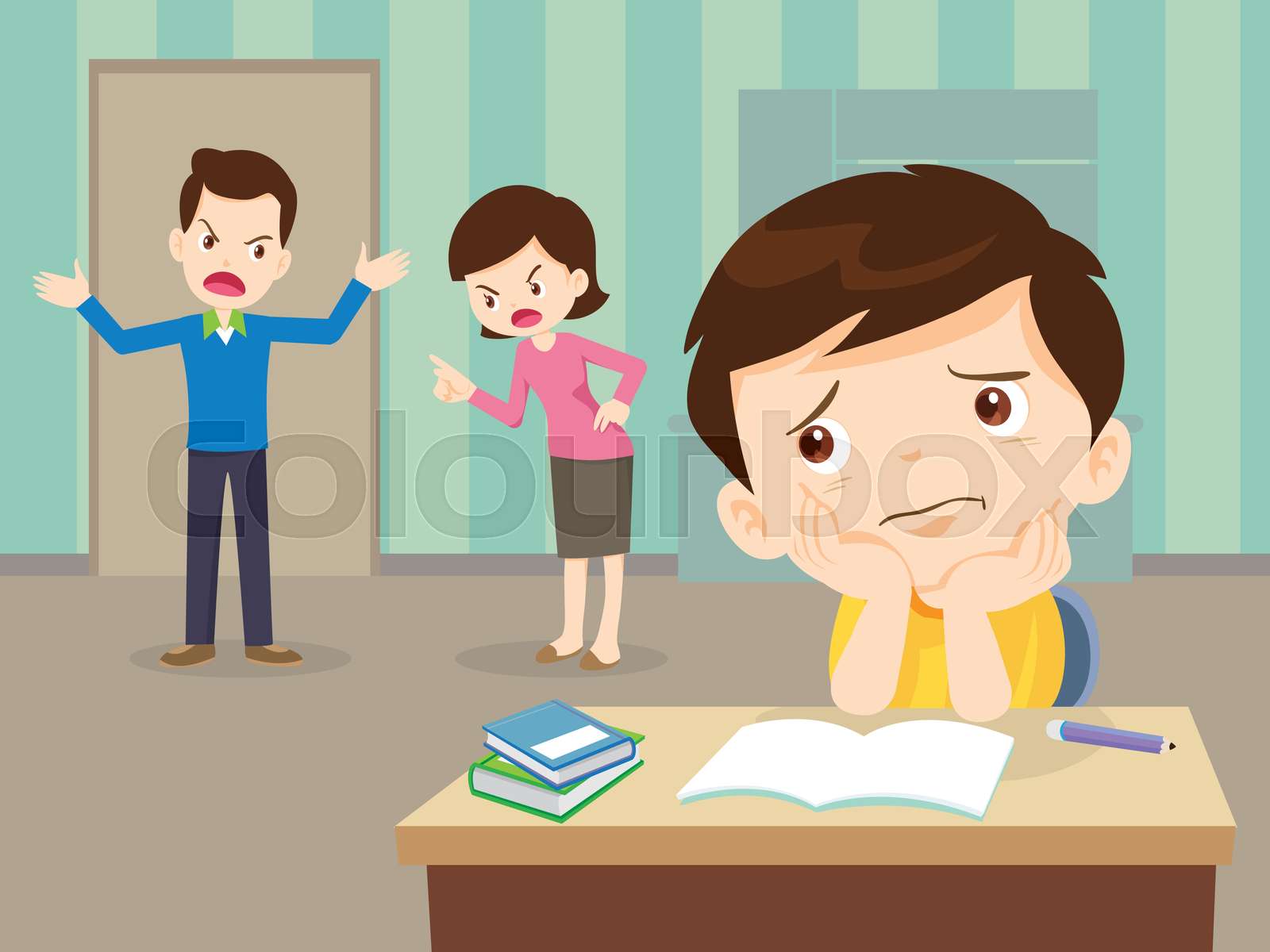 angry family quarreling with sad son have homework | Stock vector ...