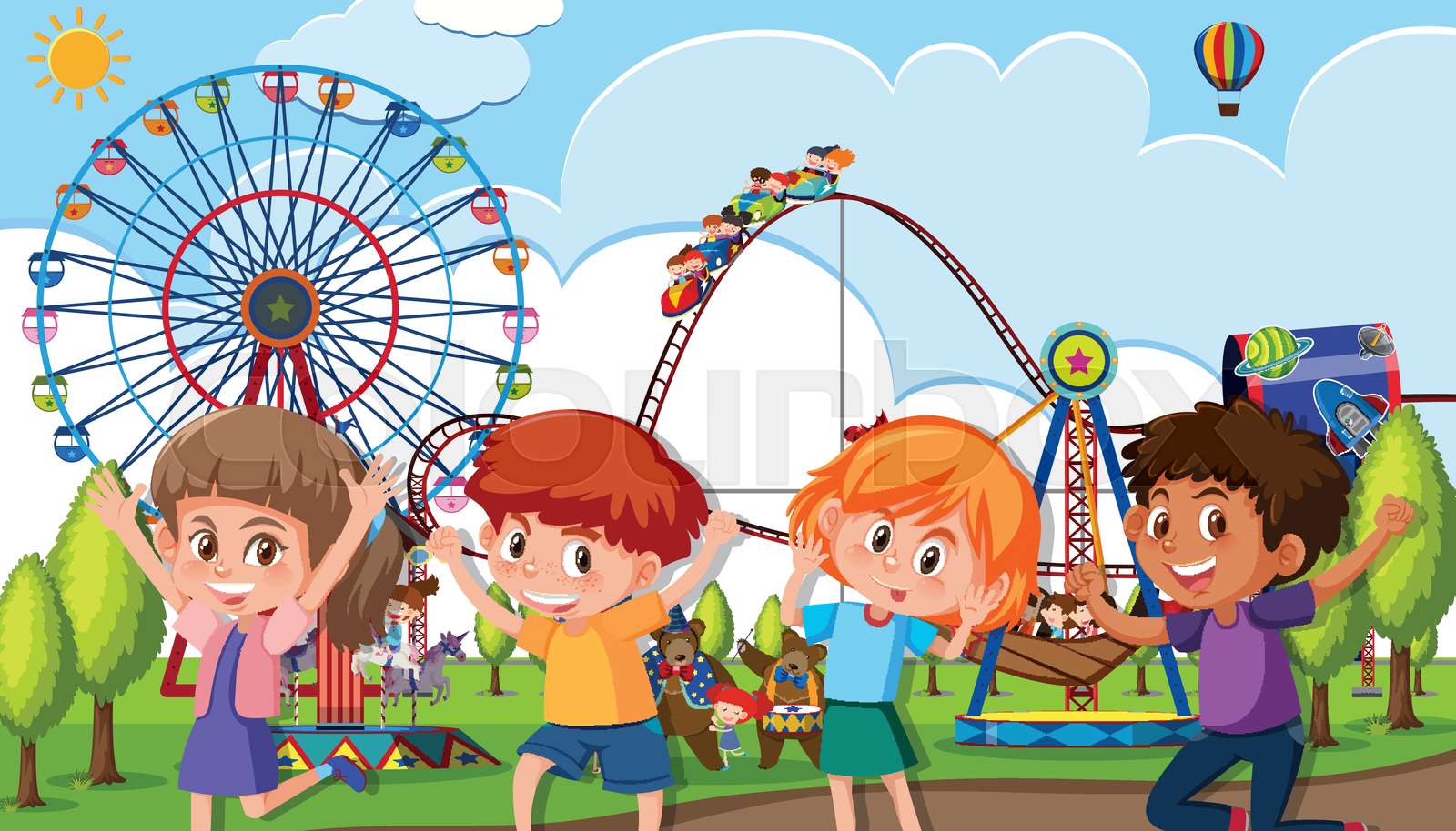 A group of children at theme park | Stock vector | Colourbox