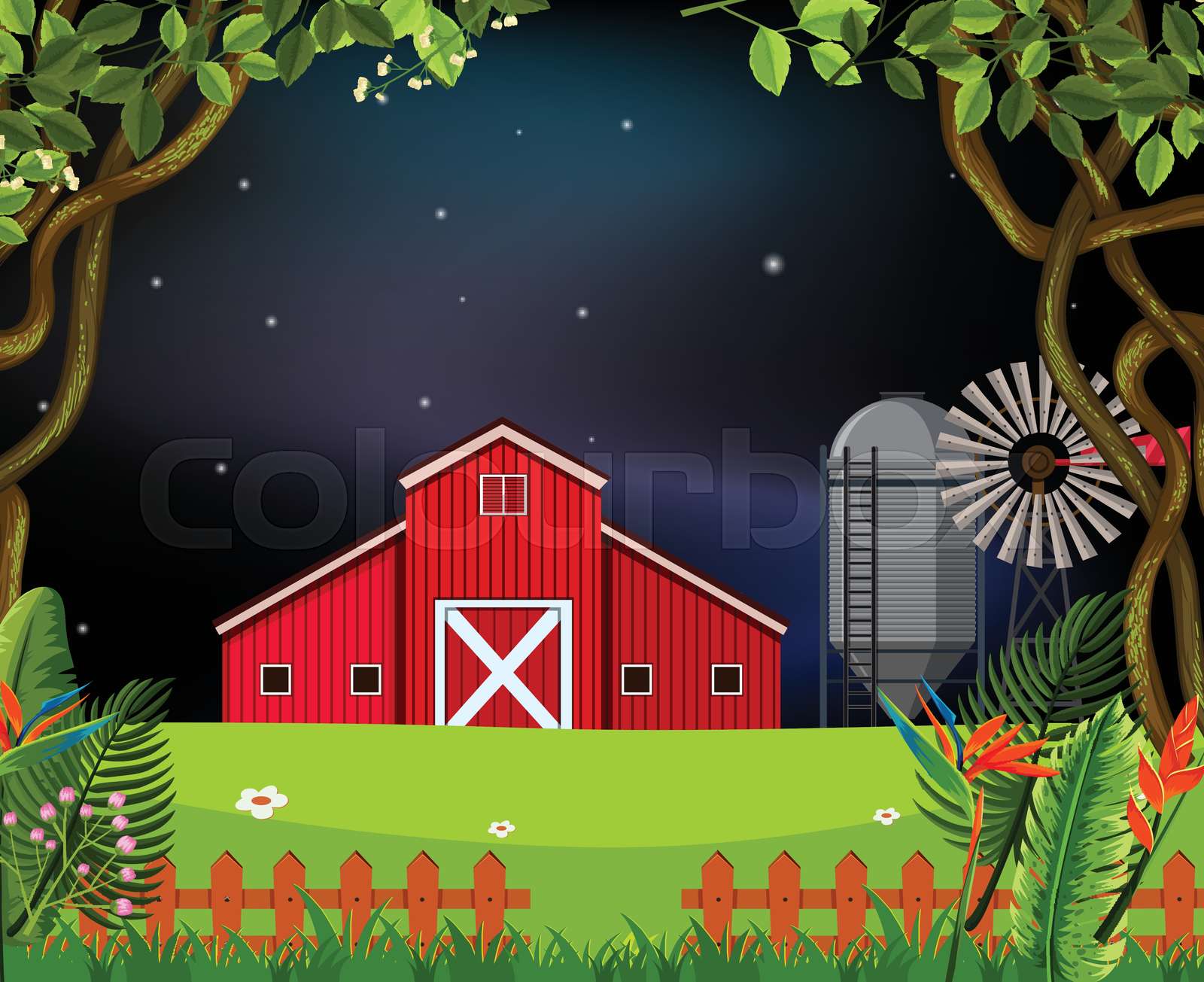 barn scene at night | Stock vector | Colourbox