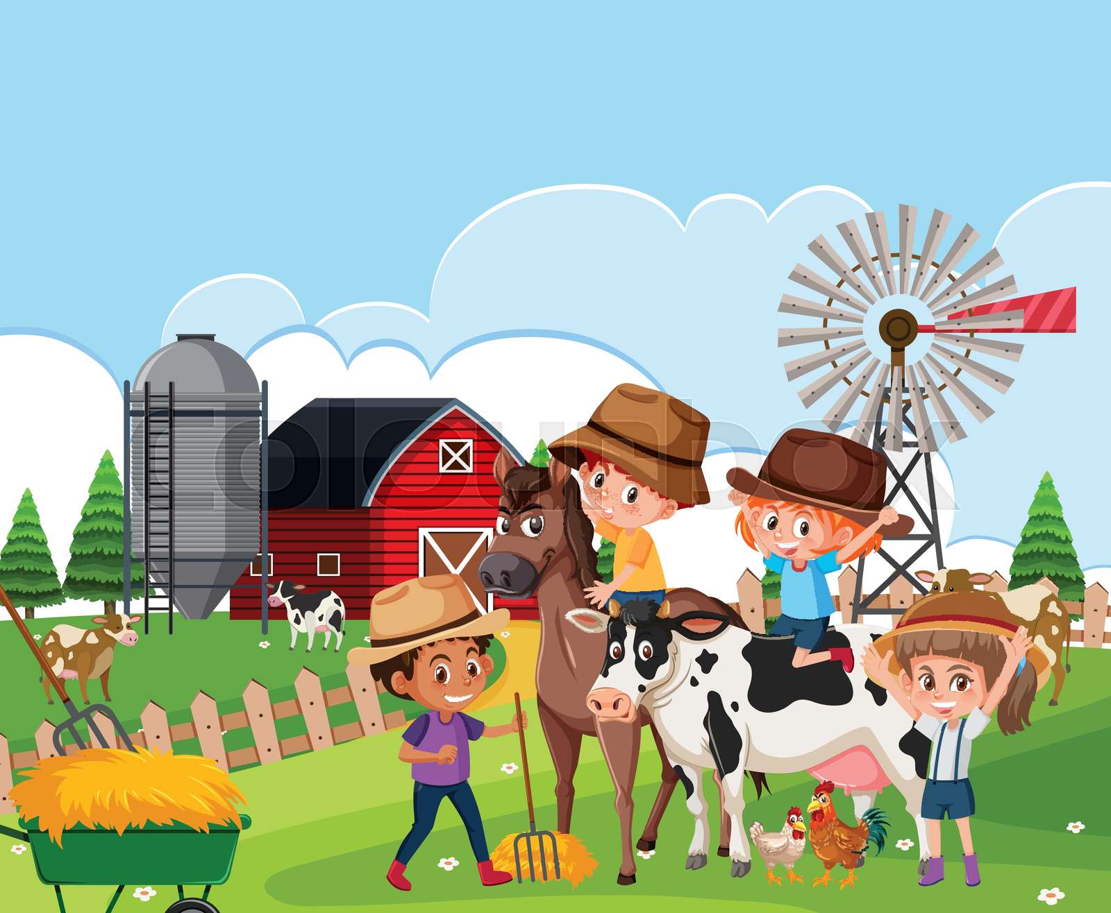 Children at farm landscape | Stock vector | Colourbox