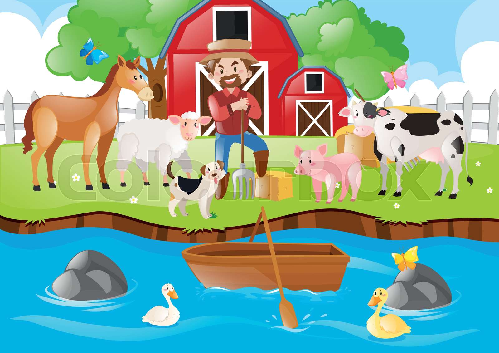 Farm scene with farmer and animals by river | Stock vector | Colourbox