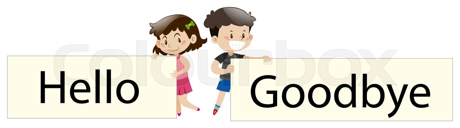 Kids holding sign say hello and goodbye | Stock vector | Colourbox