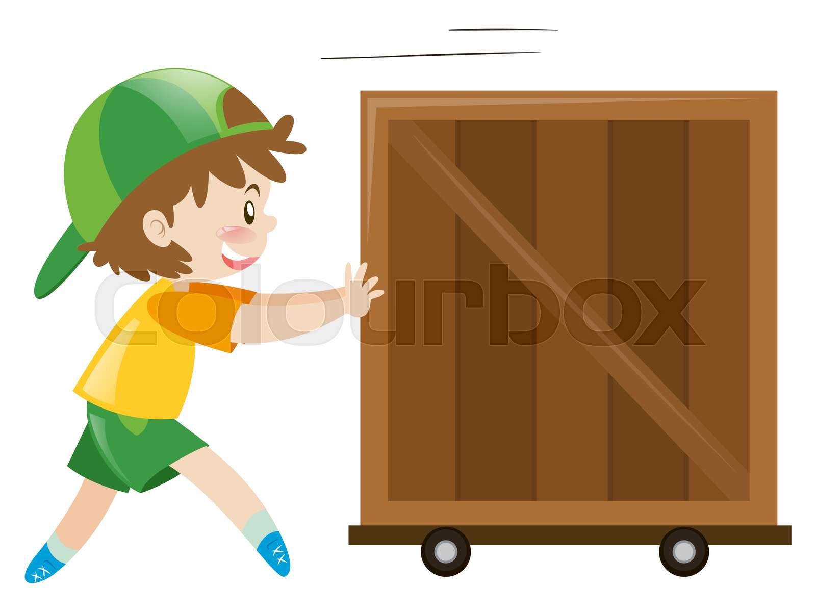 Boy pushing wooden box alone | Stock vector | Colourbox