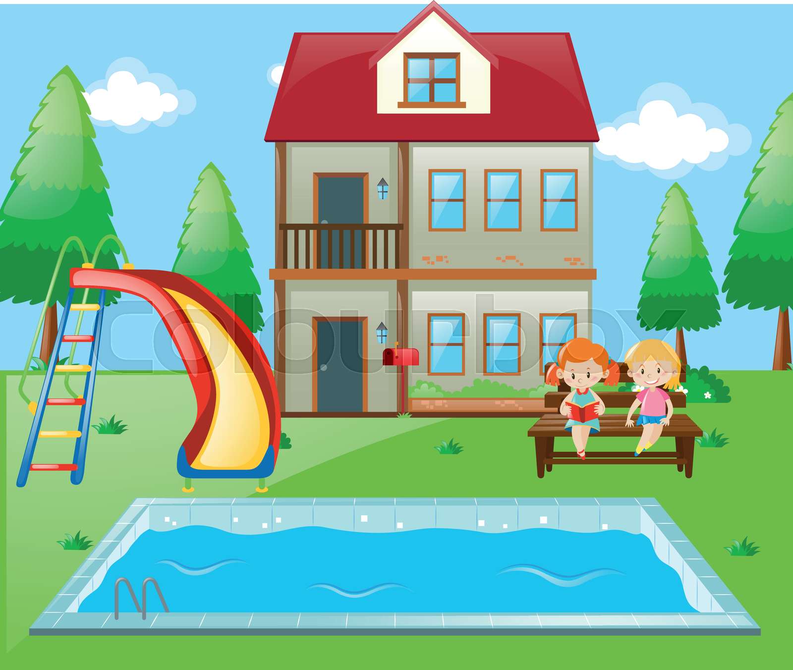 Girls sitting by the pool side at home | Stock vector | Colourbox