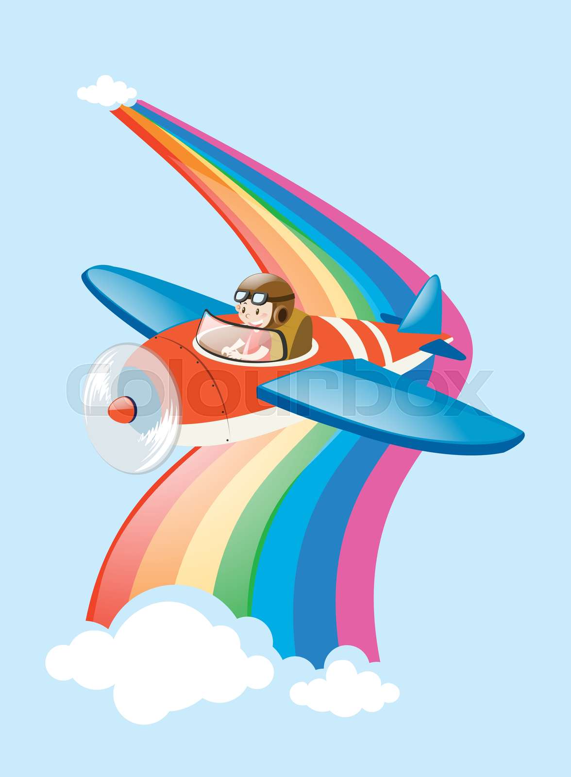 Pilot flying jet plane over the rainbow | Stock vector | Colourbox