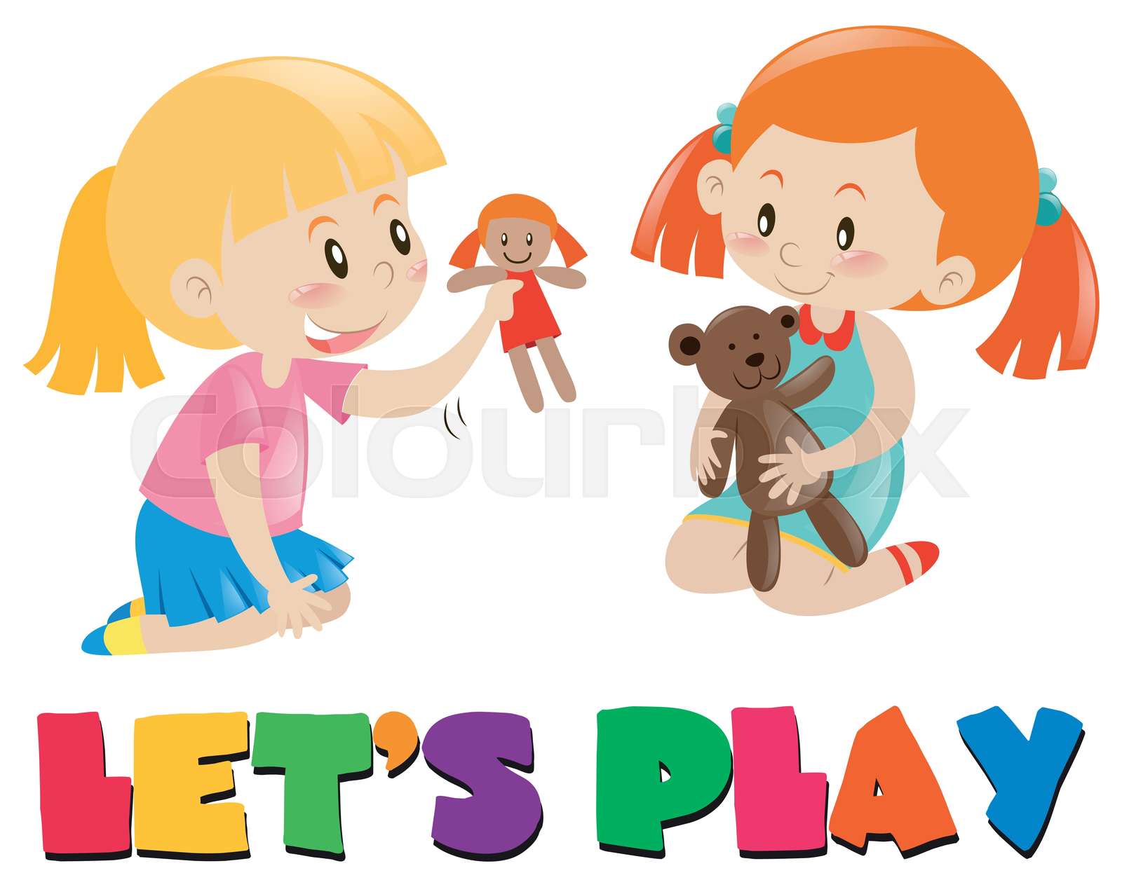 Two girls playing with dolls | Stock vector | Colourbox