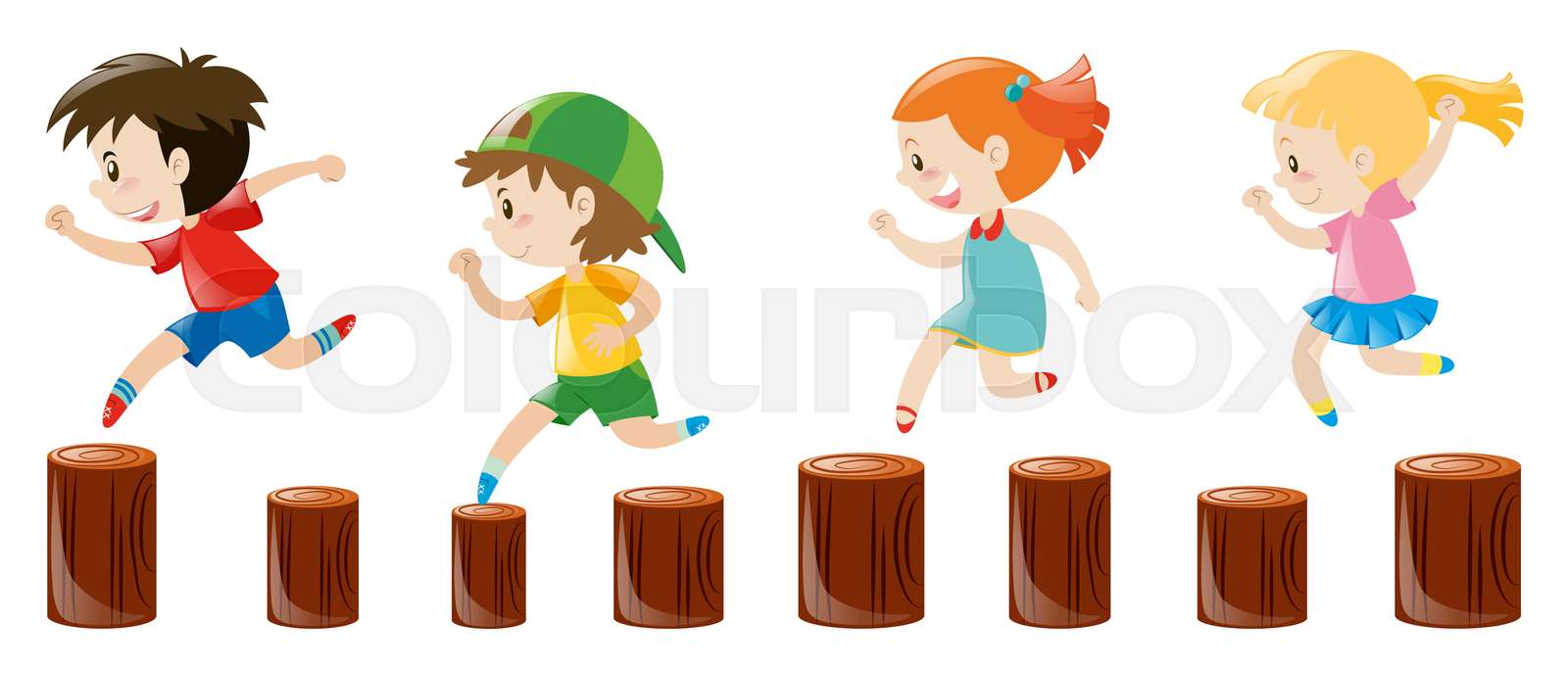 Four kids running on the logs | Stock vector | Colourbox