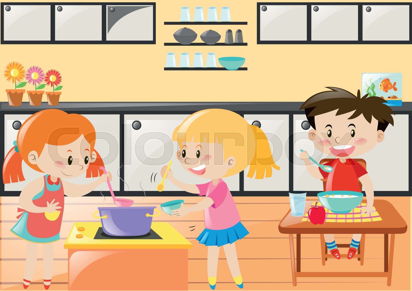 Three kids cooking and eating in kitchen | Stock vector | Colourbox