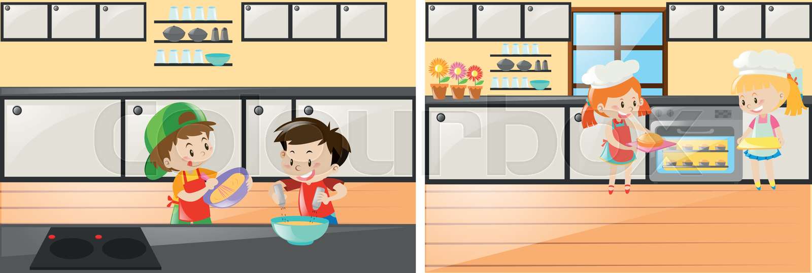 Kitchen scenes with kids cooking and baking | Stock vector | Colourbox