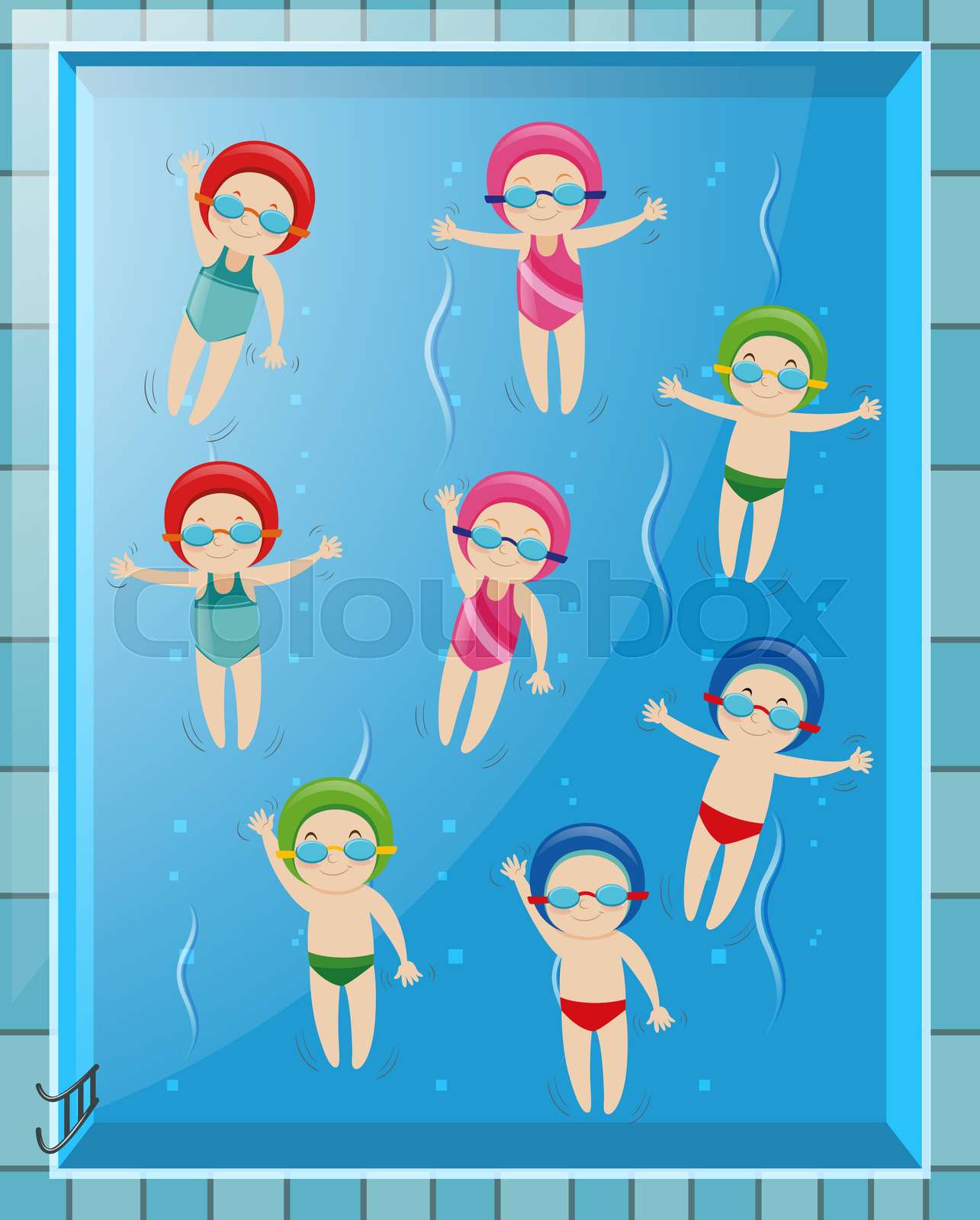 Lots of children doing backstroke in pool | Stock vector | Colourbox