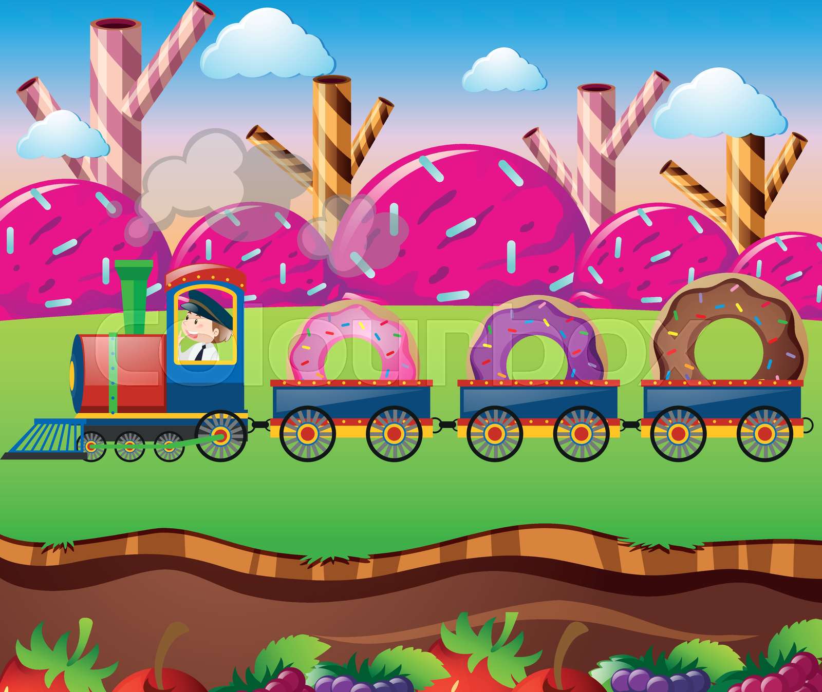 Candy land with train ride with donuts | Stock vector | Colourbox
