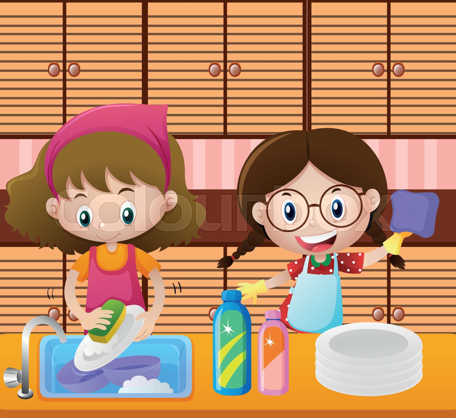 Girls cleaning dishes in kitchen | Stock vector | Colourbox