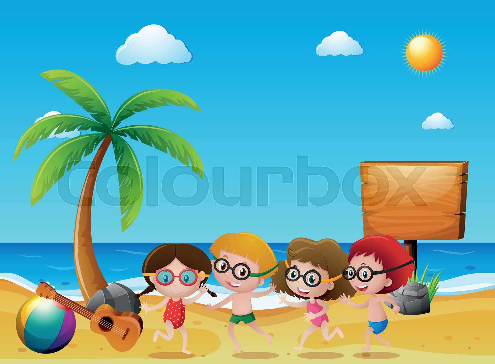 Ocean scene with kids on the beach | Stock vector | Colourbox