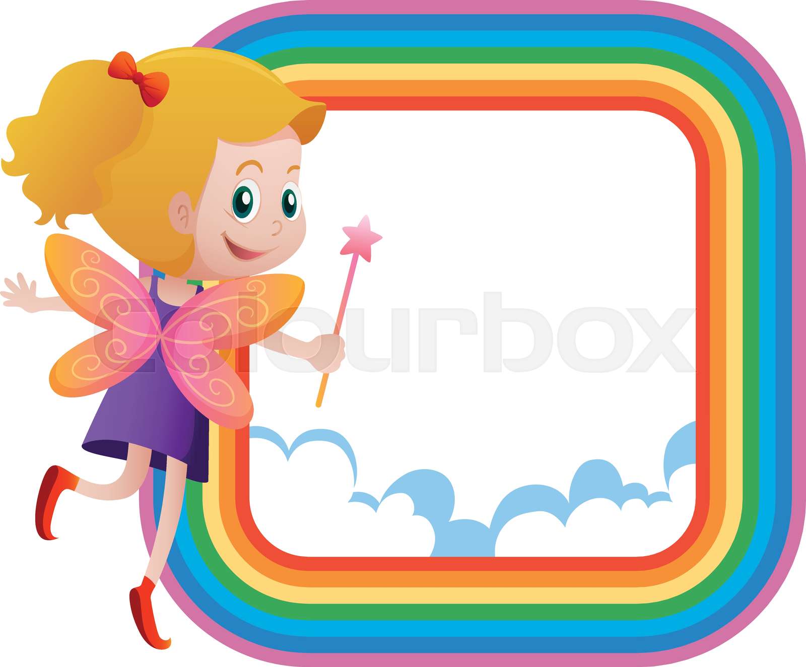 Frame template with fairy flying on the rainbow | Stock vector | Colourbox