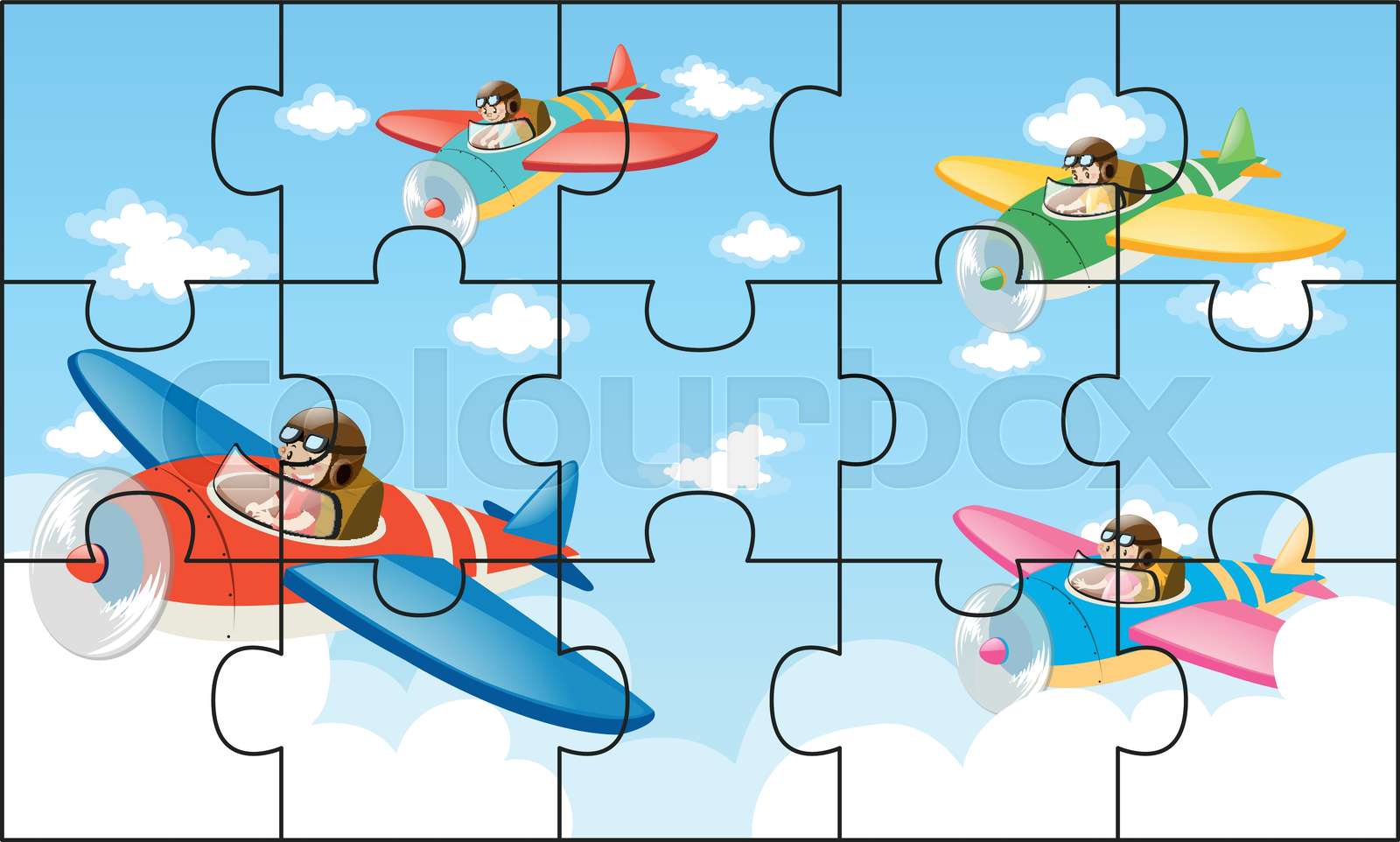 Jigsaw puzzle game with kids flying planes | Stock vector | Colourbox