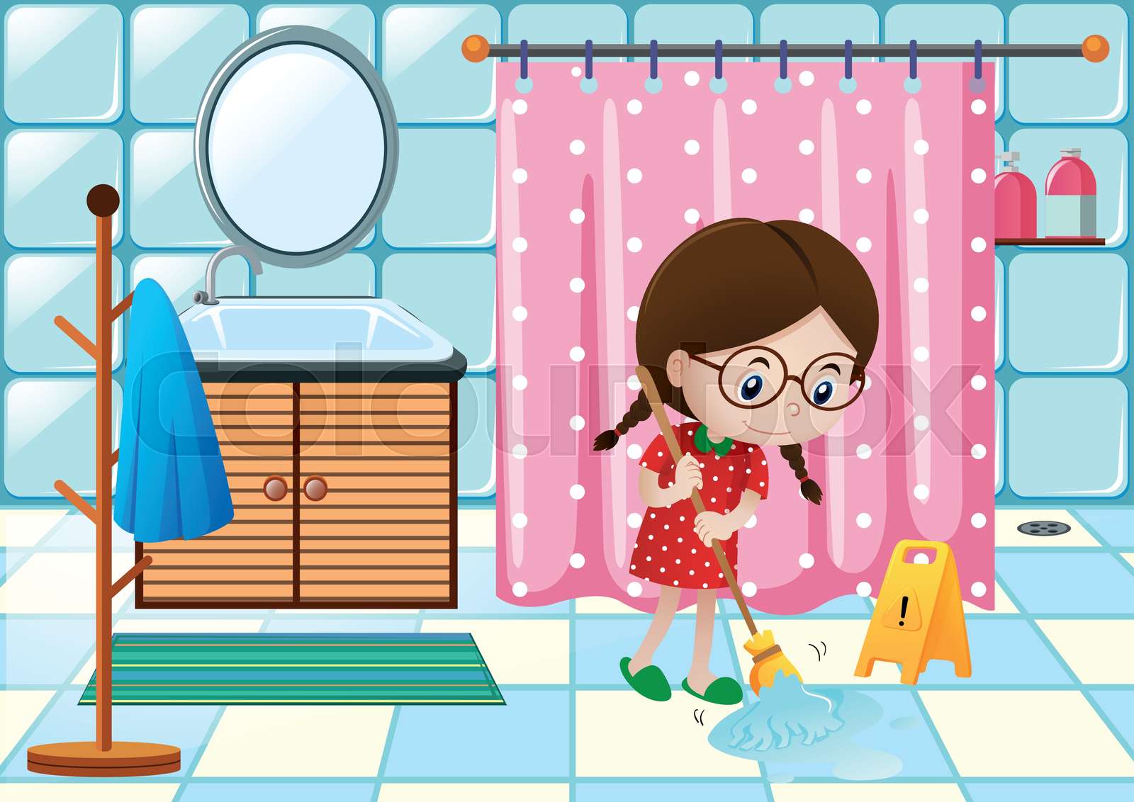 Girl cleaning bathroom floor | Stock vector | Colourbox