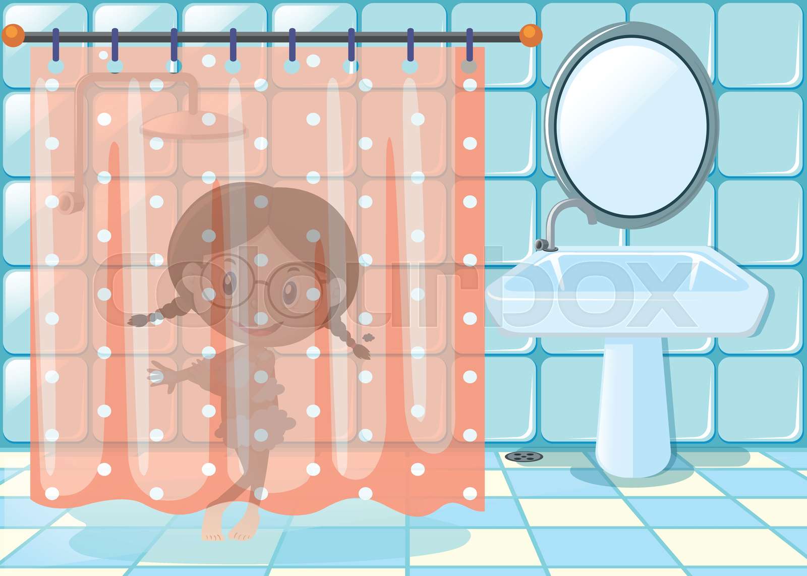 Little girl taking shower in bathroom | Stock vector | Colourbox