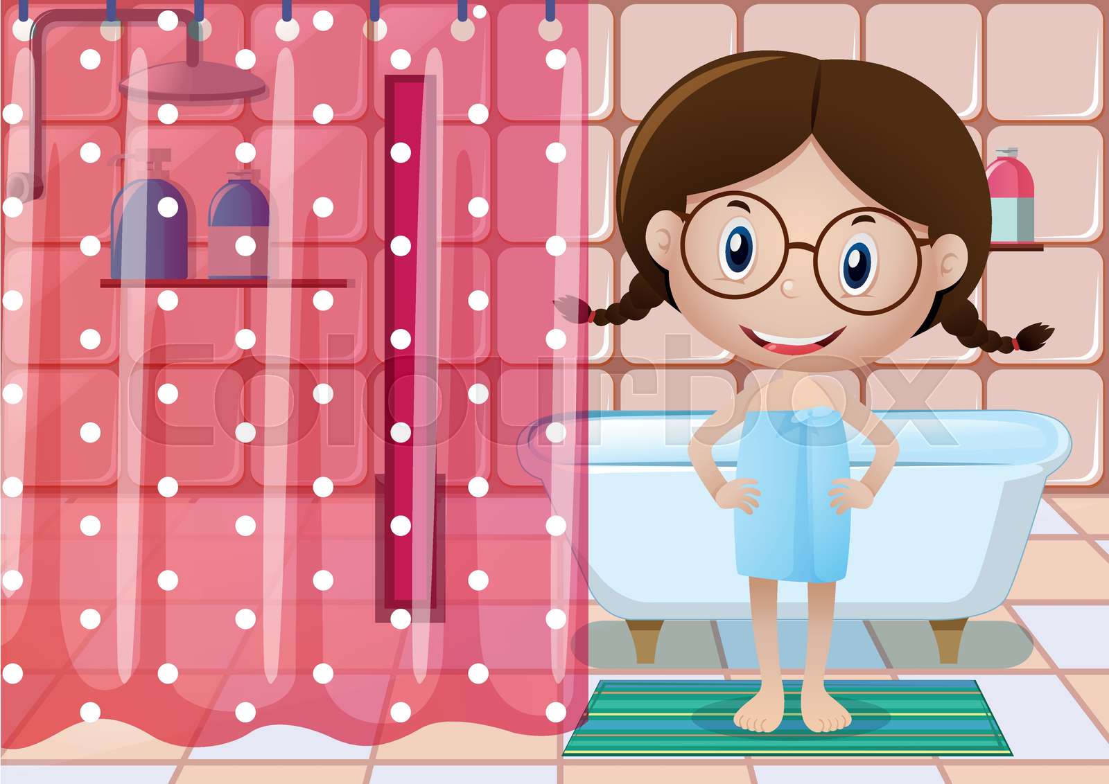 Little girl in bathtowel taking bath | Stock vector | Colourbox