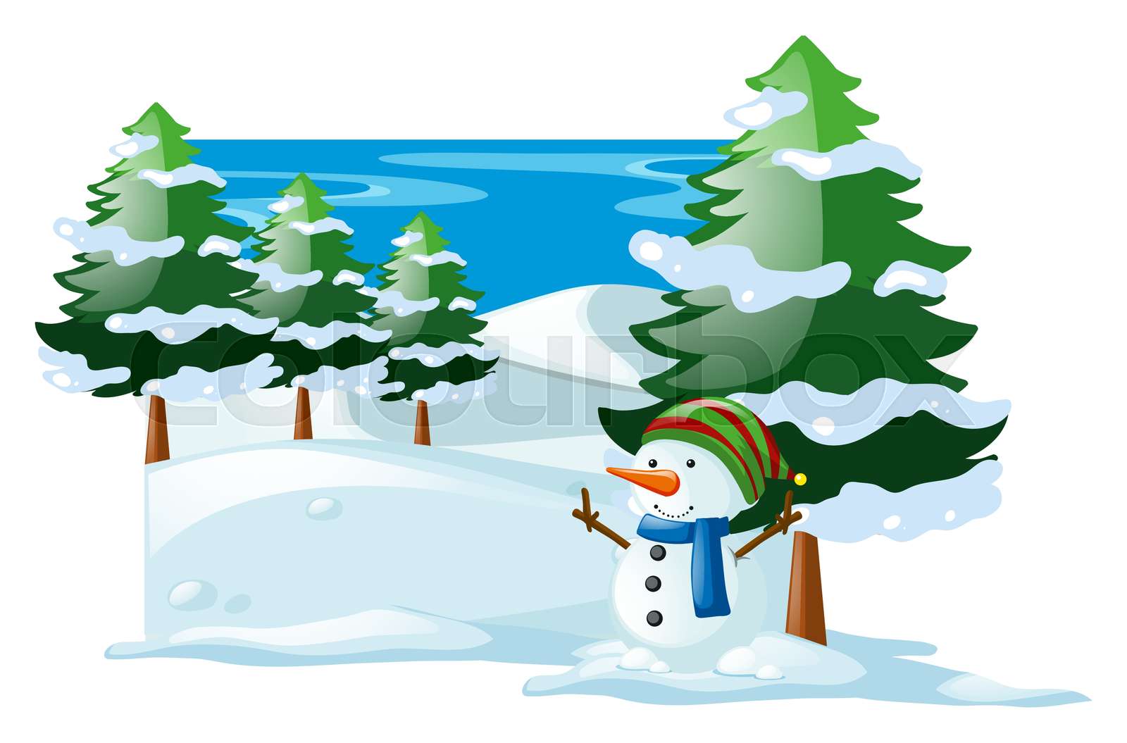 Winter scene with snowman in the snow field | Stock vector | Colourbox