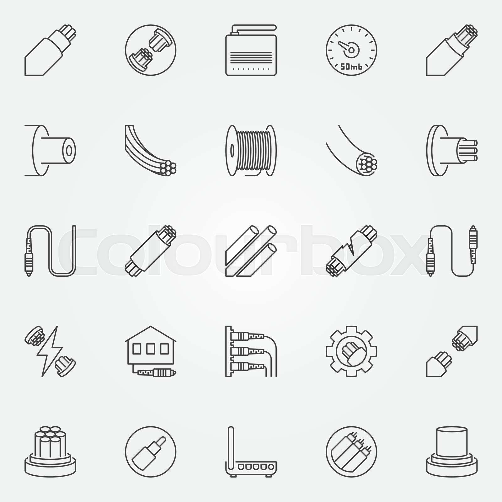Optical fiber outline icons set. Vector fiber optic cable symbols ...