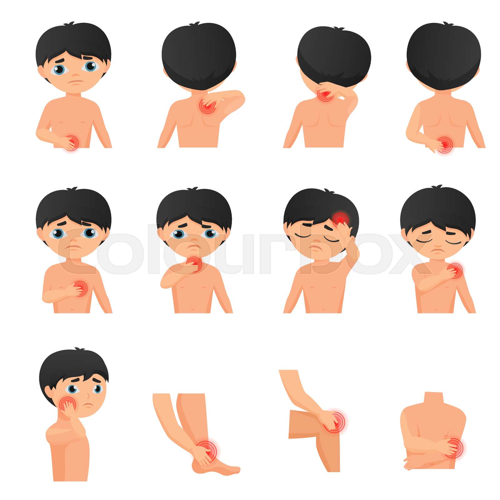 Various painful points set. Little boy kid suffering from pain in ...