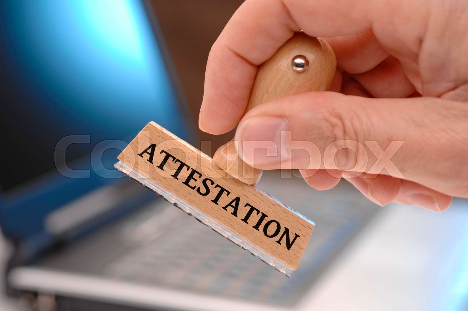 attestation printed on rubber stamp in hand | Stock image | Colourbox